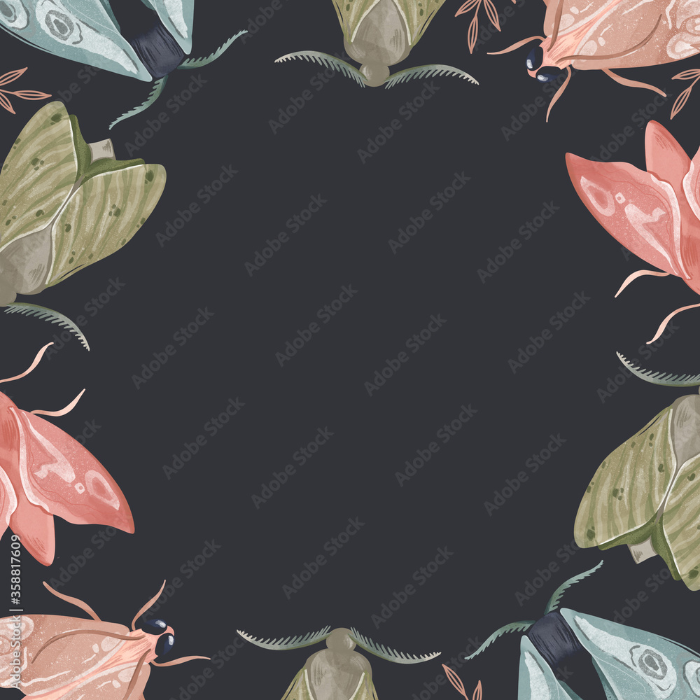 Cute vintage moths with tendrils top view square border frame on white ...