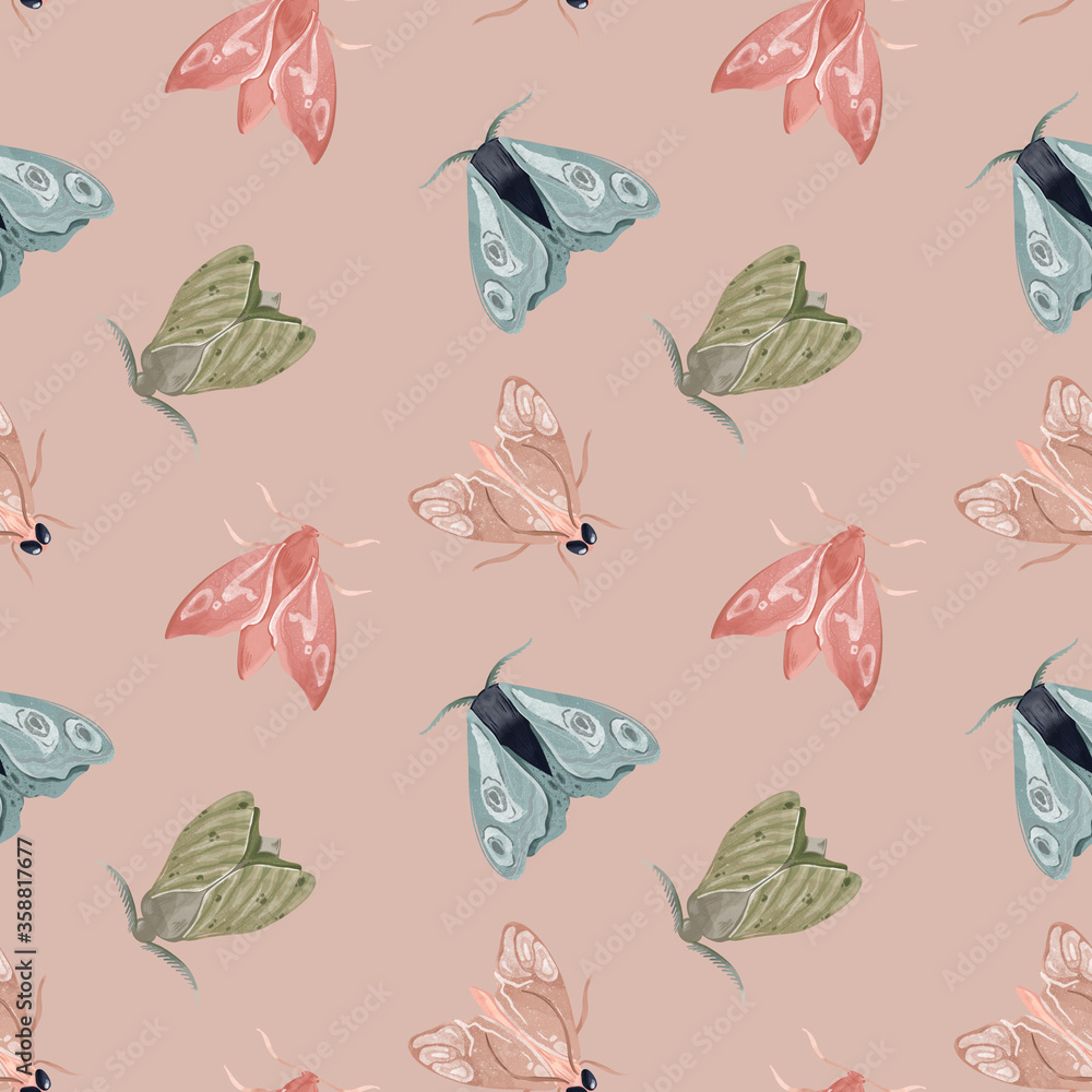 Cute vintage moths with antennae top view square seamless pattern on ...