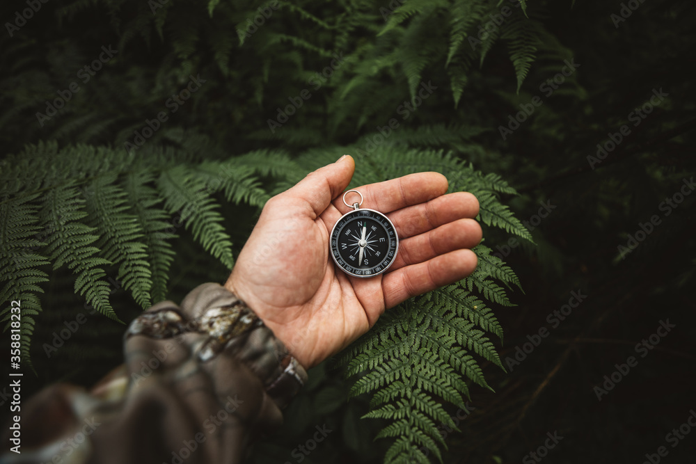 Explorer people holding a compass and searching the right directions in ...