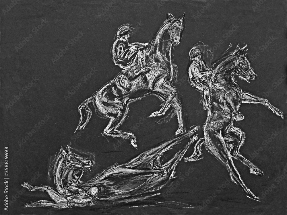horse and jockey drawings. Action images of a rearing and fallen horse ...