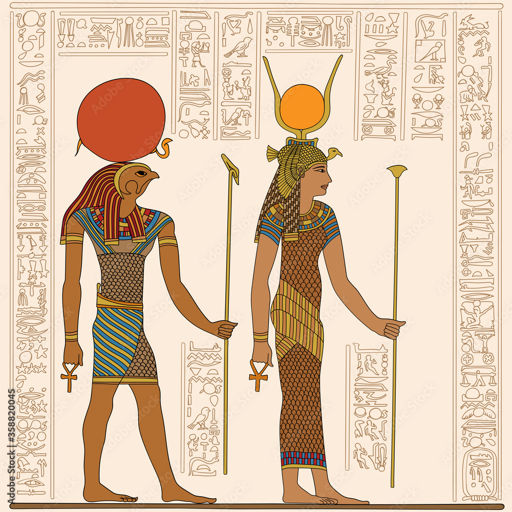 Ancient Egyptian papyrus depicting two figures with scepter in their ...