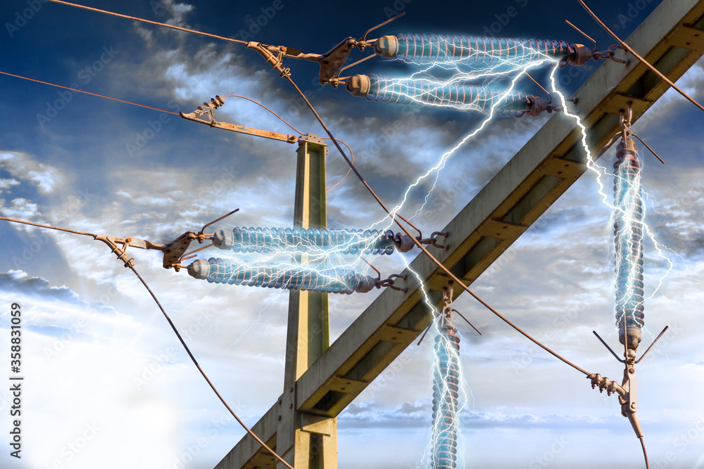 High Voltage Power Line Connection with lightnings. Electrical ...