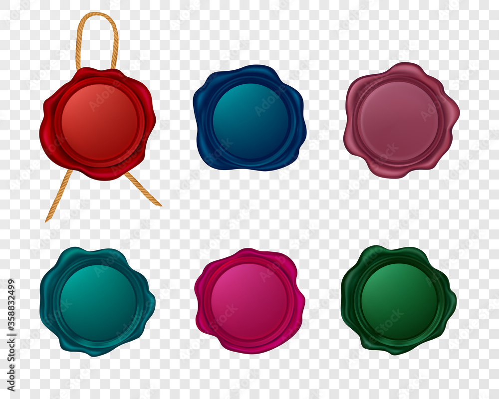 Vector realistic vintage multicolored rubber seals with rope. Retro wax ...