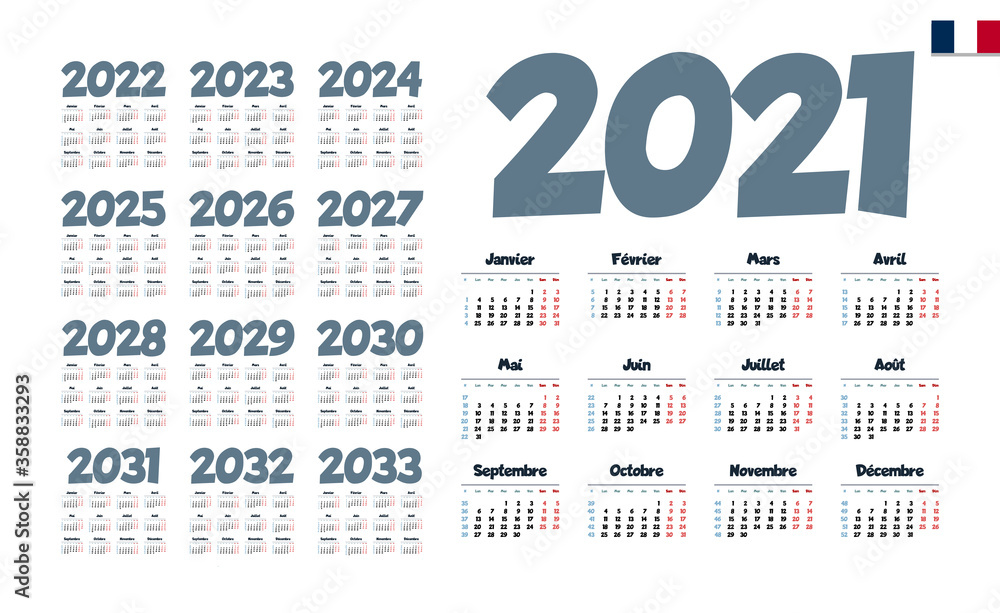 French Calendar for 2021-2033. Week starts on Monday Stock Vector ...