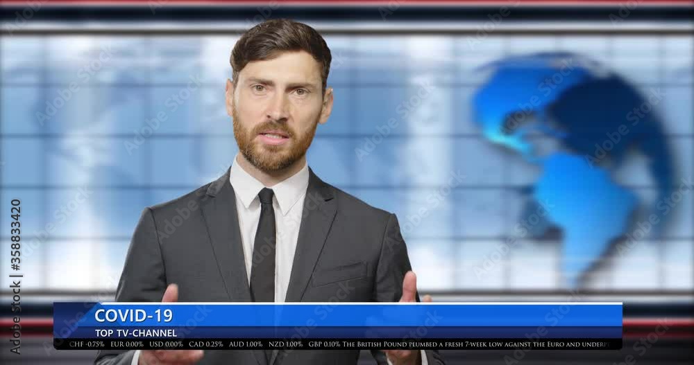 Serious handsome Caucasian man reporter in suit and tie standing in ...