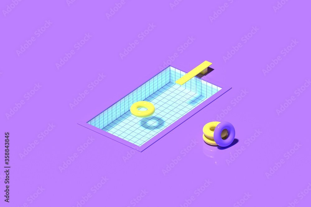 Inflatable rubber rings near the pool with springboard in purple and ...