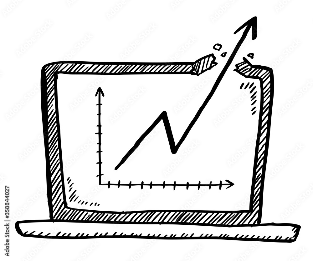 Cartoon style doodle of notebook with data graph popping out of the ...