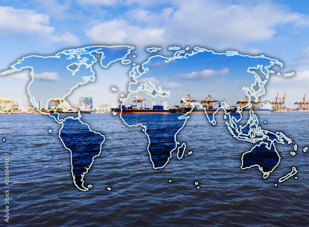 Double exposure world map on Logistics and transportation Container ...