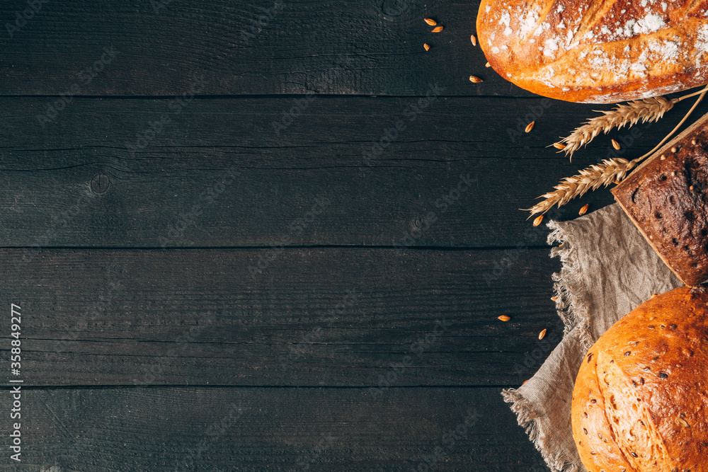 Bread border on wood background with copy space. Horizontal composition ...