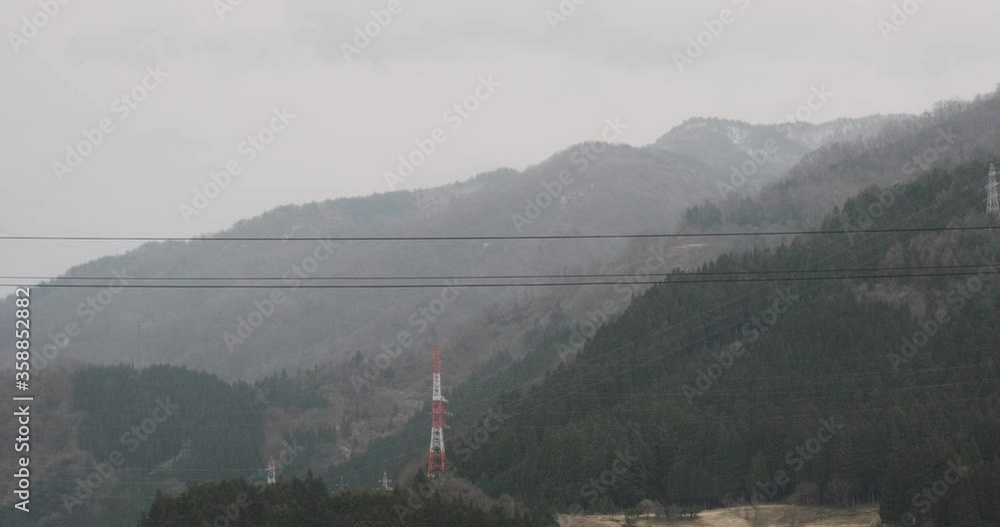 Moving scenery of mountains and forest seen from fast train window ...