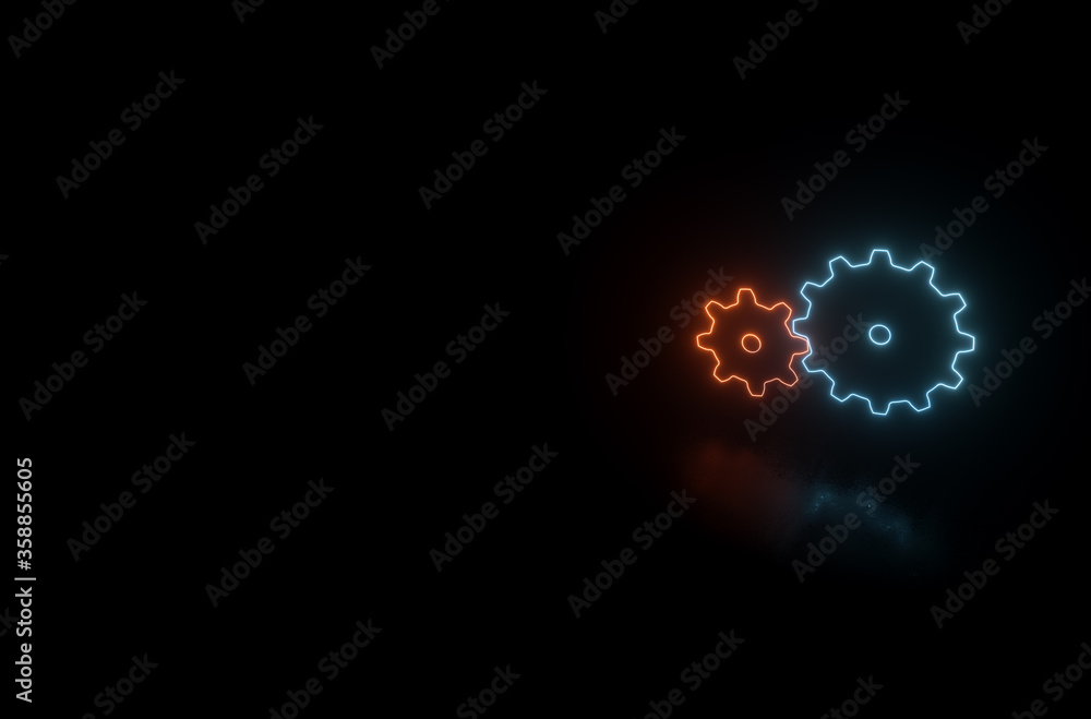 Neon Glowing Setting Options Gears Icon - Symbol Over the Reflective ...