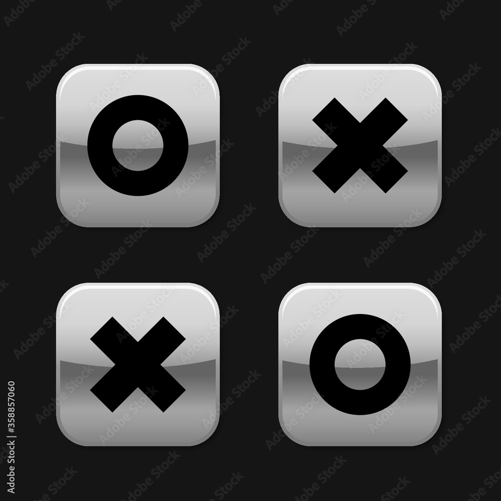 Simple shiny metal o and x rounded square shape icons with shadow ...