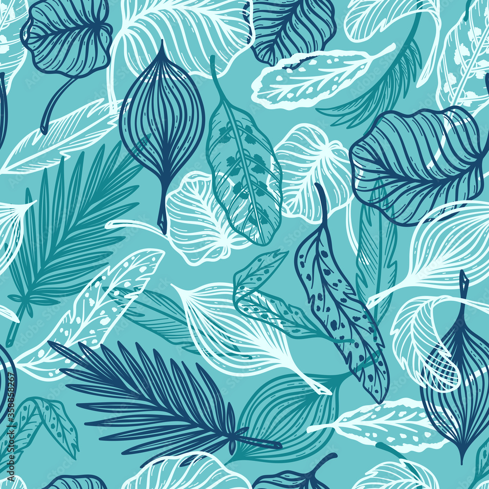 Vector Palm Tree Leaves Seamless Pattern Hand Drawn Doodle Tropical