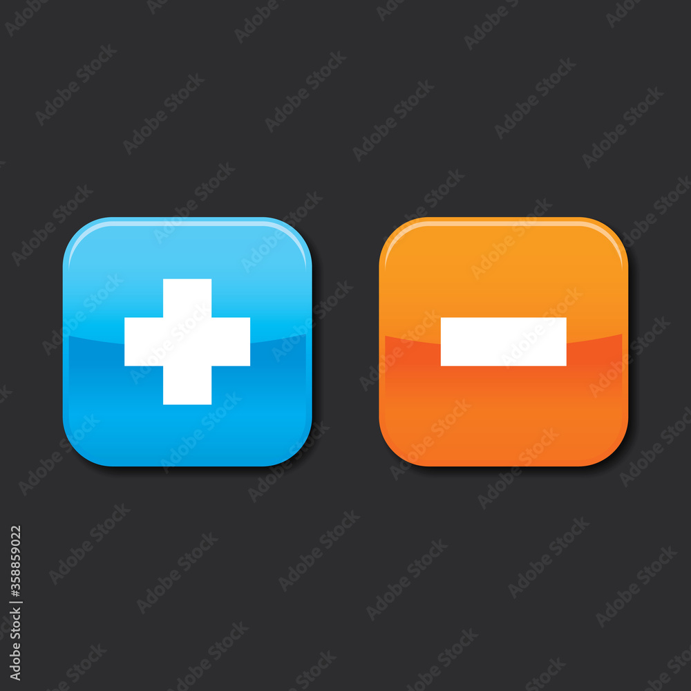 Plus & minus round shape icons with shadow, glossy blue & orange ...