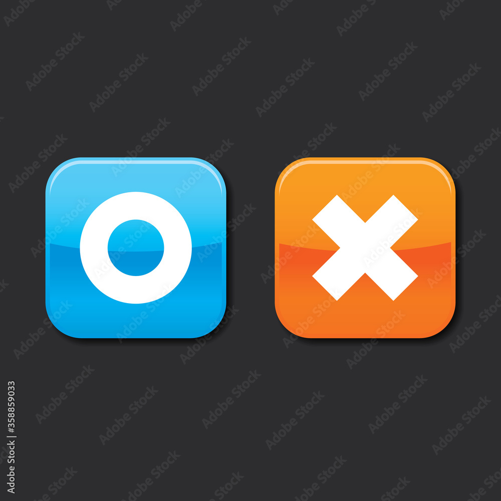 Glossy blue o and orange x rounded square shape icons with shadow ...