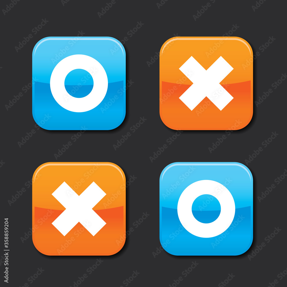 Glossy blue o and orange x rounded square shape icons with shadow ...