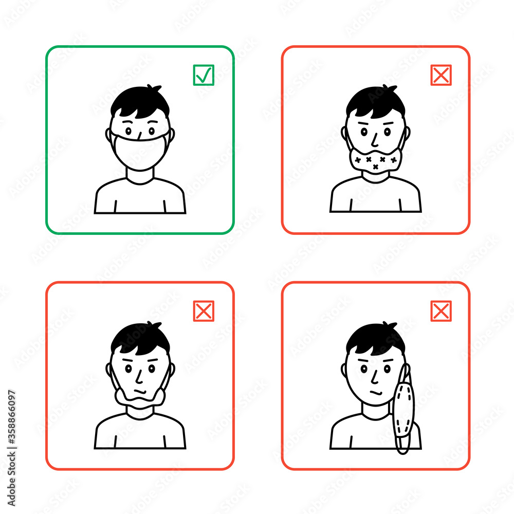 The right and wrong way to wear a face mask. Black and white icons. In ...