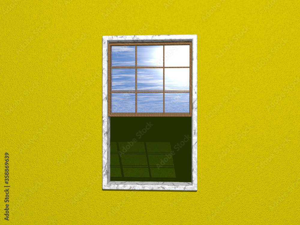 Open sash window from GOLD wall viewing outside lawn with cloudy sky ...
