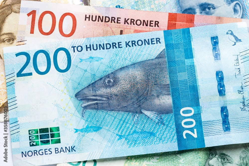 Obverse side of new Norwegian banknote series NOK 200 and 100 Kroner ...