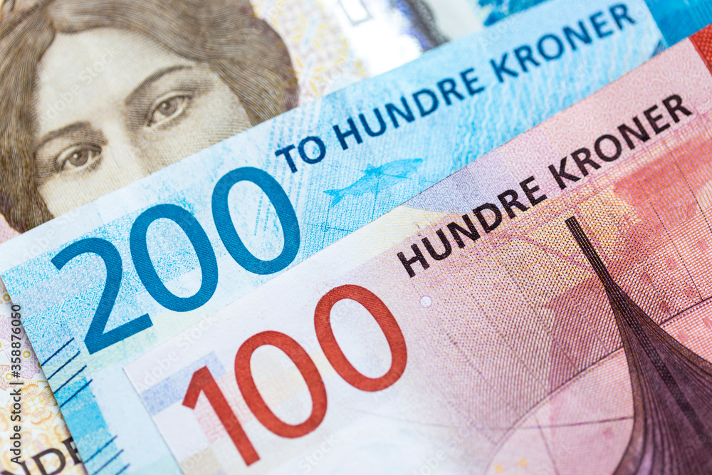 Obverse side of new Norwegian banknote series NOK 100 and 200 Kroner ...