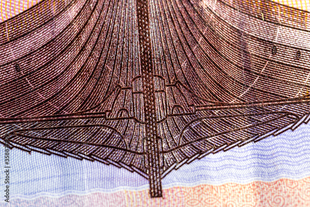 Detail of obverse side of the new 100-krone note with the Gokstad ship ...