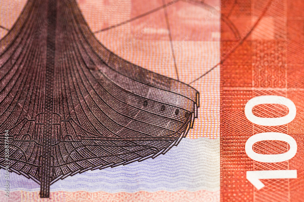 Detail of obverse side of the new NOK 100-krone banknote with the ...