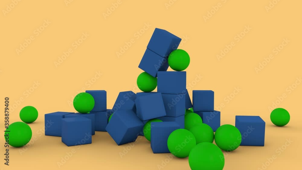 3D animation of a tower built from colored cubes. Some cubes turn into ...