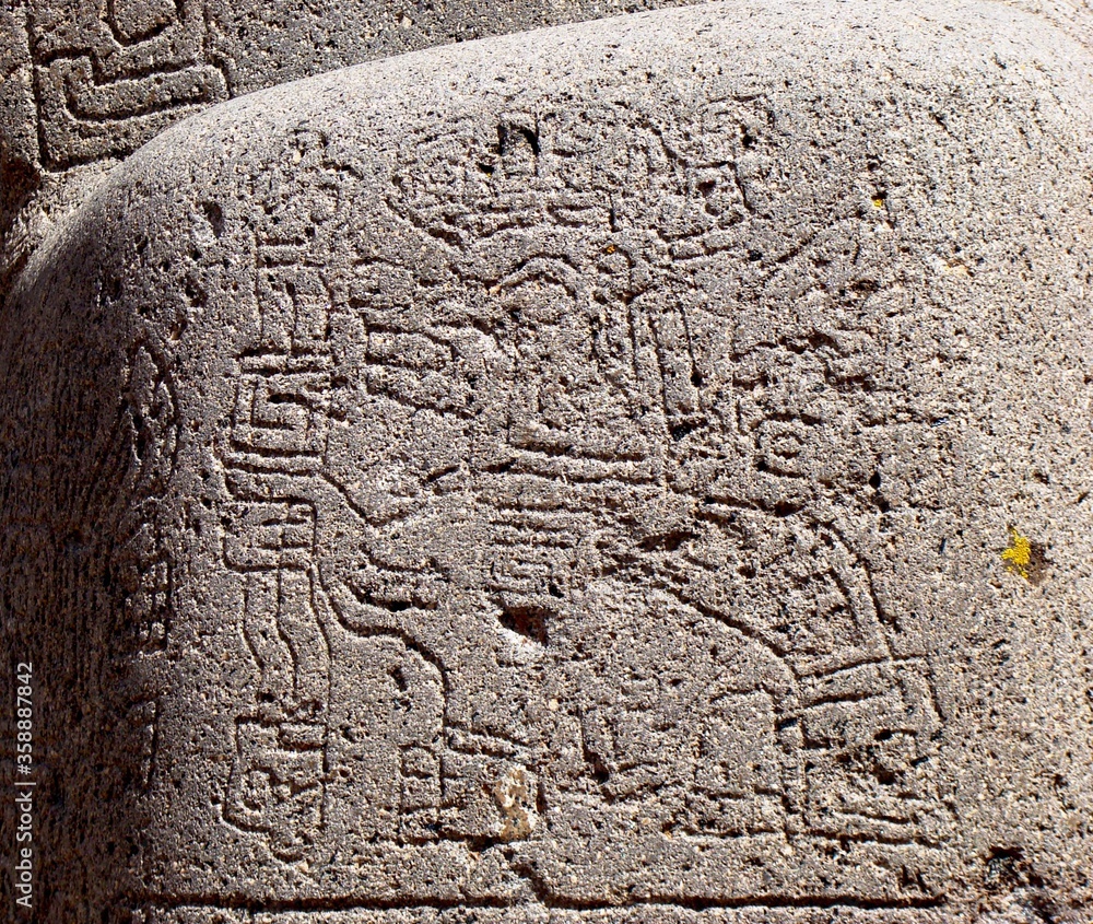 Details of the Ponce Monolith with mysterious inscriptions in ruins of ...