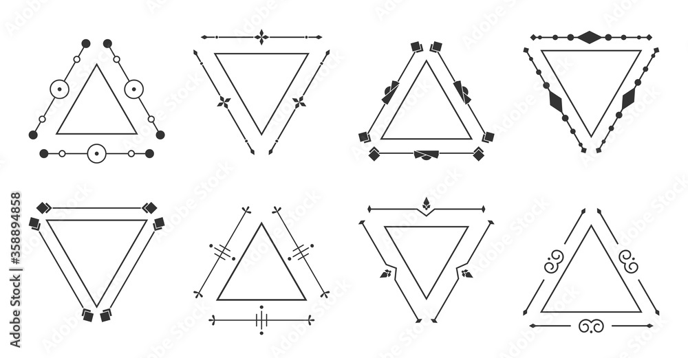 Trigonal black line frame elegant ornamental set. Triangular graphic ...