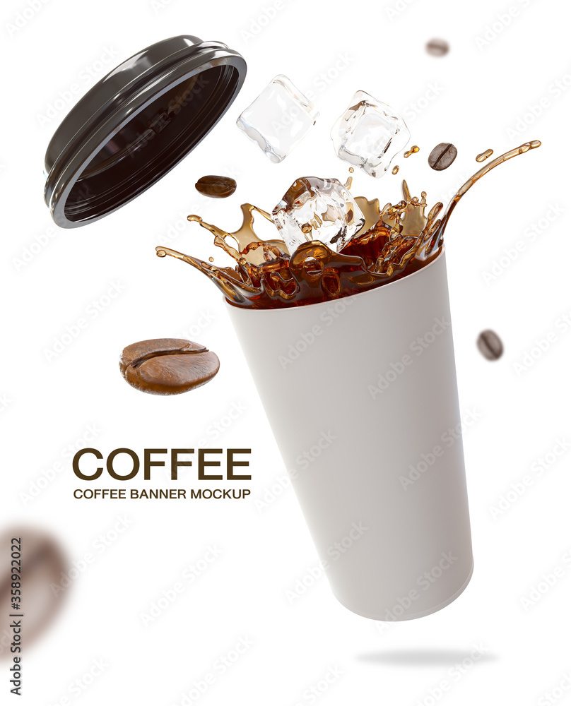 coffee with ice splash banner mock up 3d render isolate on white ...
