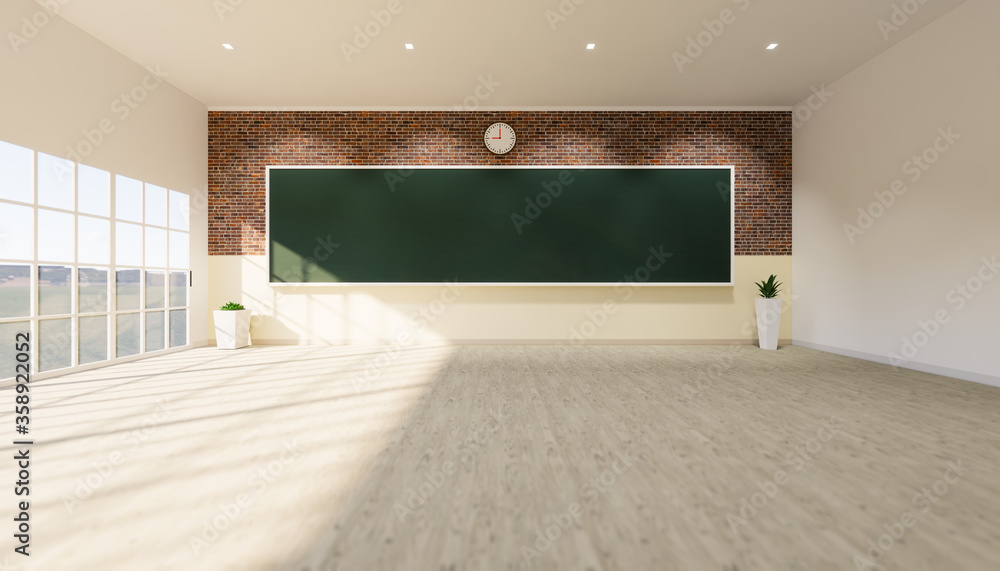 3d rendering of classroom interior and empty green board background ...
