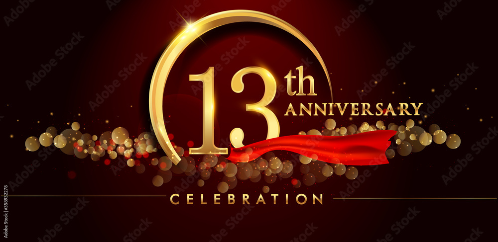 13th anniversary logo with golden ring, confetti and red ribbon ...