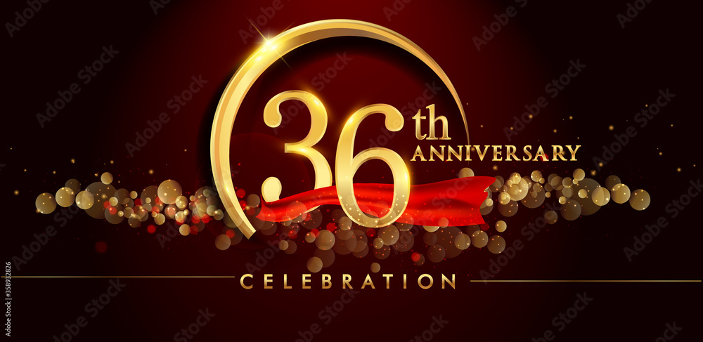 36th anniversary logo with golden ring, confetti and red ribbon ...