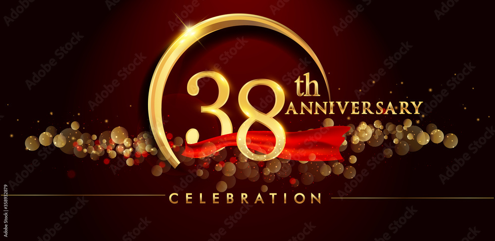 38th anniversary logo with golden ring, confetti and red ribbon ...