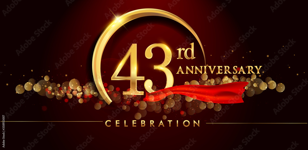 43rd anniversary logo with golden ring, confetti and red ribbon ...