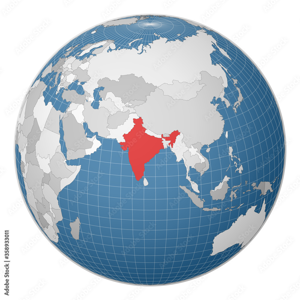 Globe centered to India. Country highlighted with green color on world ...