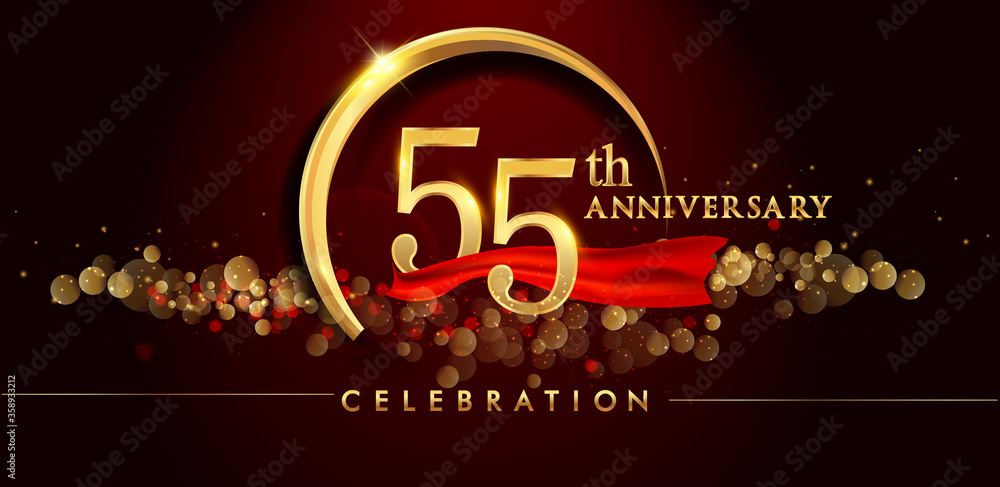55th anniversary logo with golden ring, confetti and red ribbon ...