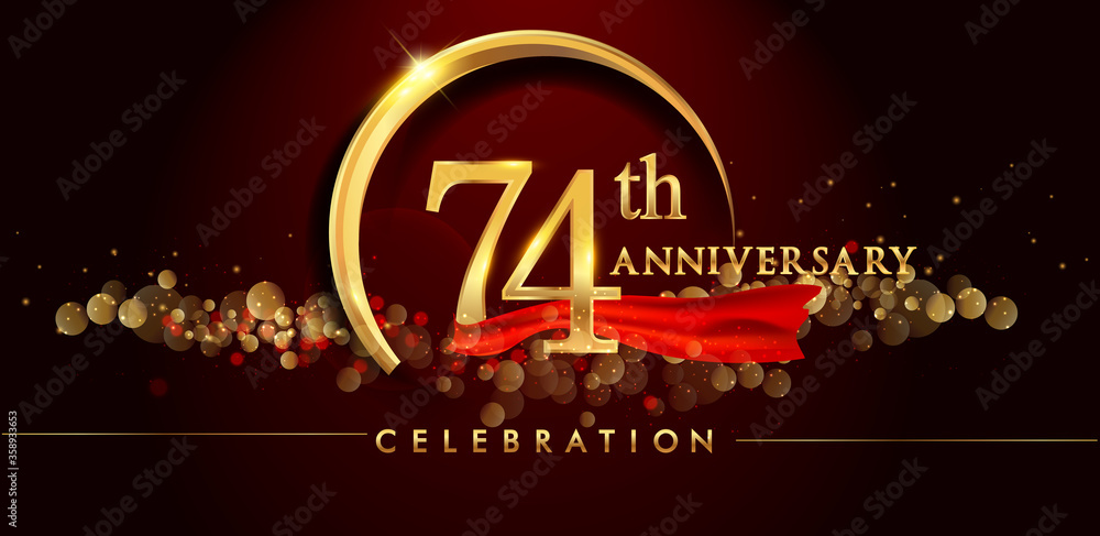 74th anniversary logo with golden ring, confetti and red ribbon ...