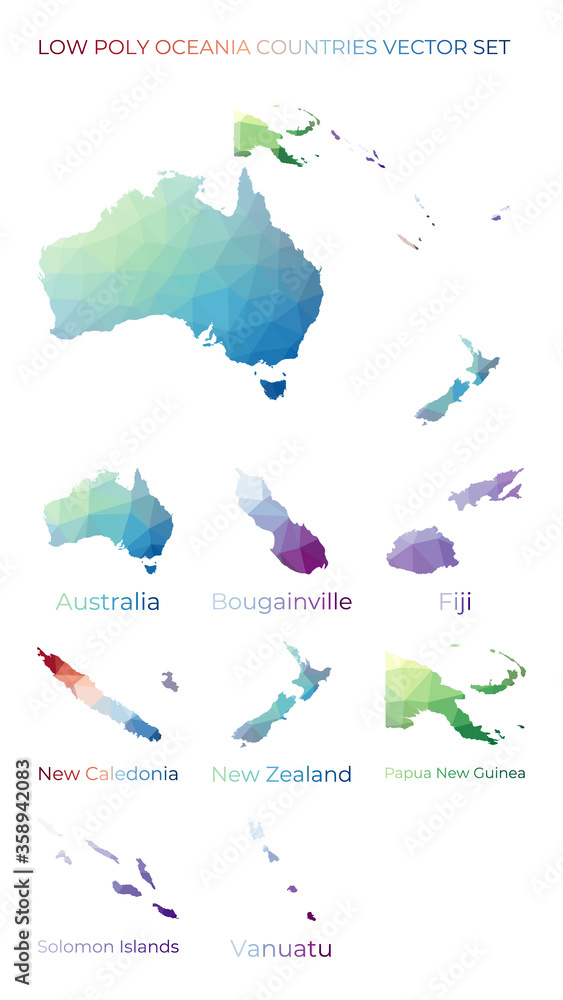Oceanian low poly regions. Polygonal map of Oceania with regions ...