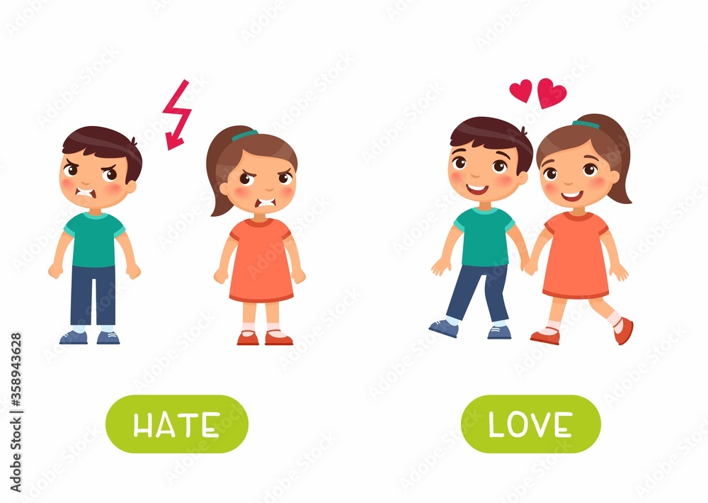 Love and hate antonyms flashcard vector template. Word card for english ...
