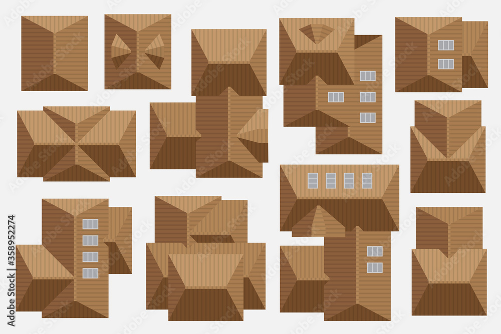 Tiled roof of houses. Top view. Cityscape map or plan design collection ...