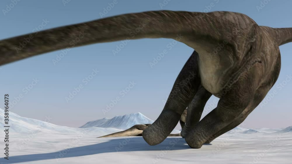Dinosaur. Prehistoric snow landscape, ice valley with Dinosaurs. Arctic ...