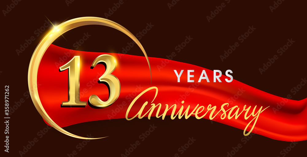 13th anniversary logotype with golden ring isolated on red ribbon ...