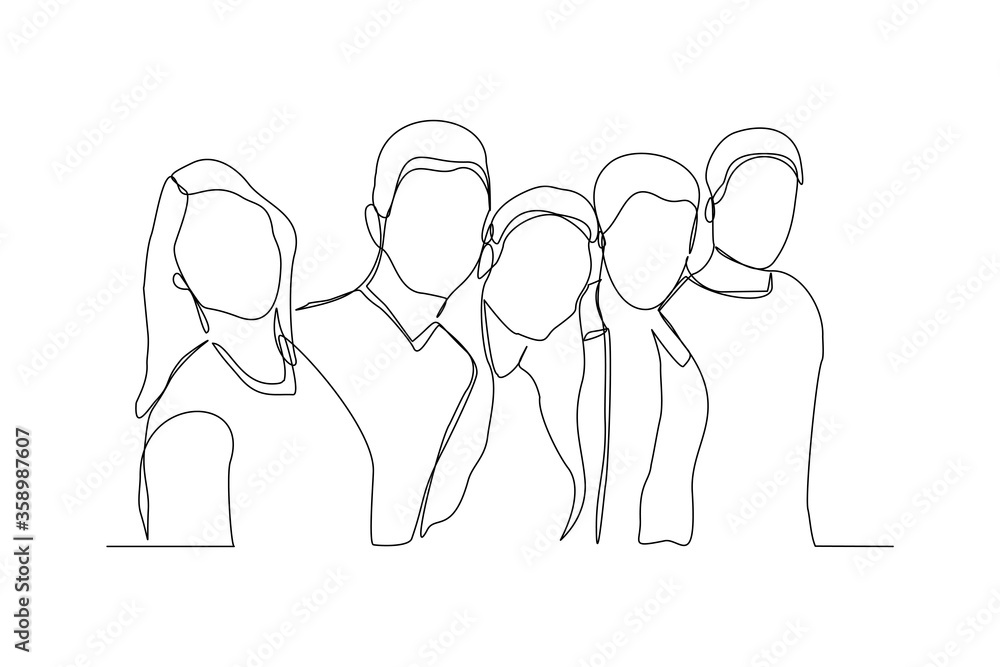 Continuous line drawing of men and women embrace together in friendship ...