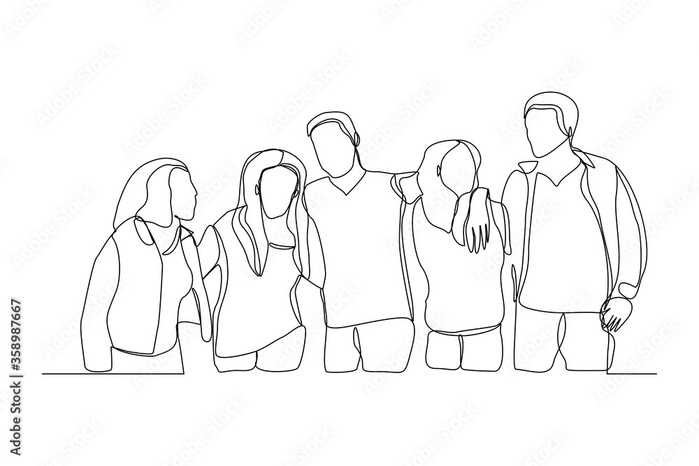 Continuous line drawing of men and women embrace together in friendship ...