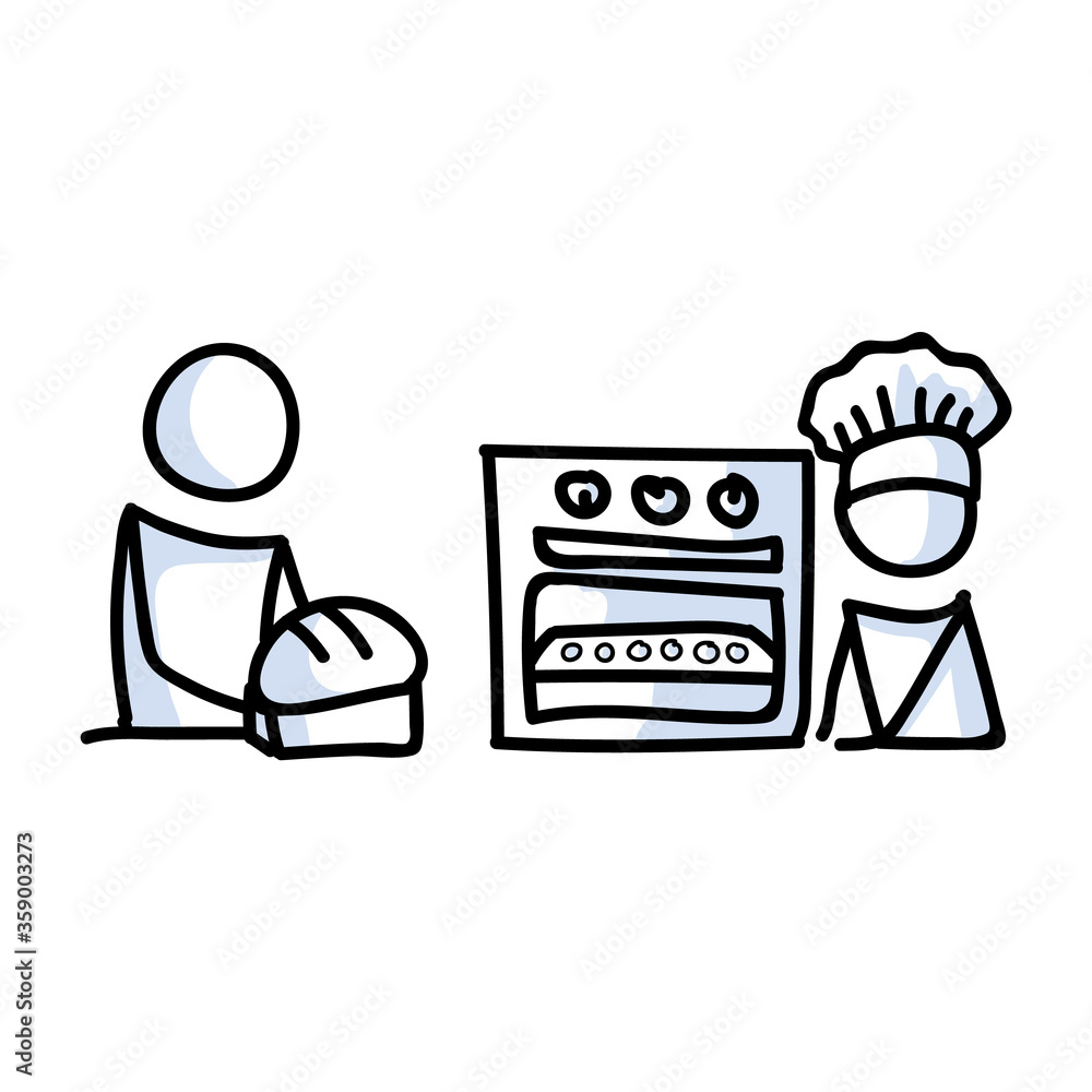 Cute stick figure two baker with cookie tray lineart icon. Dinner ...