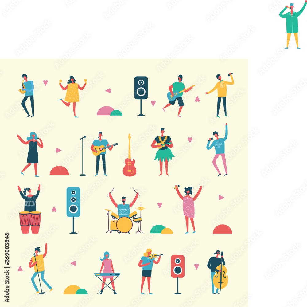 Vector background in a flat style of group of singing and playing music ...