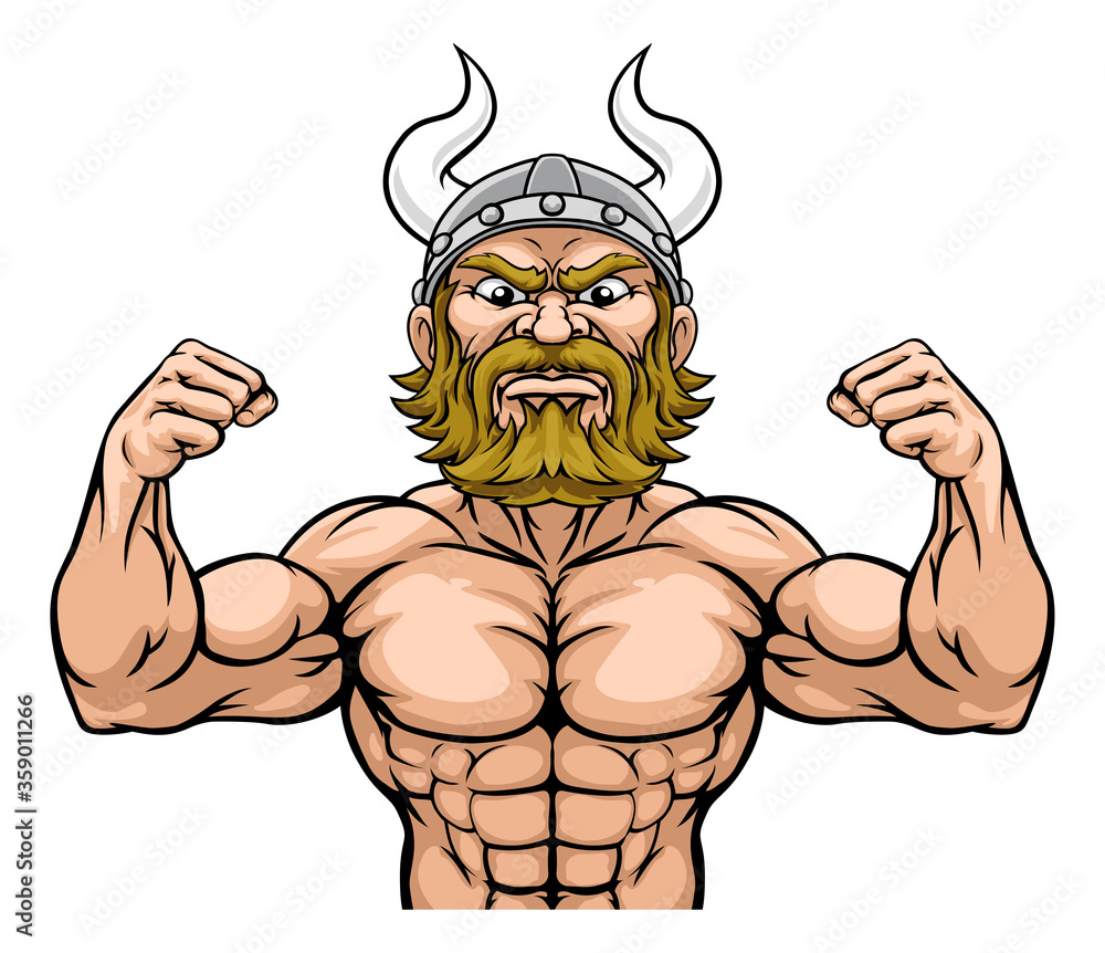 A viking warrior or barbarian strong mascot flexing muscles cartoon ...