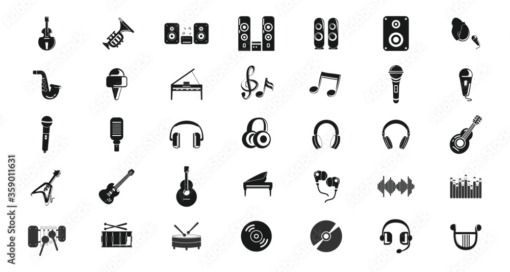 music icon set with musical instruments, guitar, drums, musical notes ...