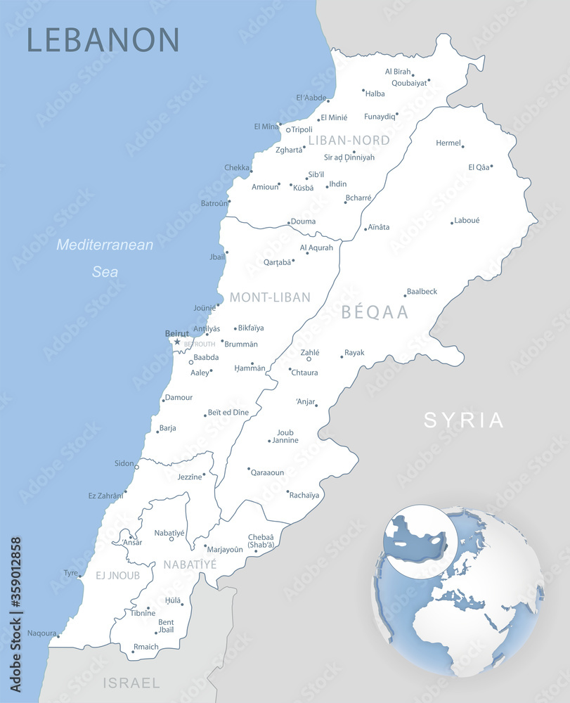 Blue-gray detailed map of Lebanon administrative divisions and location ...
